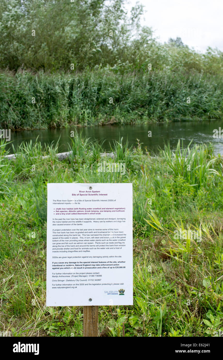 Small sign next to River Avon Salisbury UK indicating an SSSI site of ...