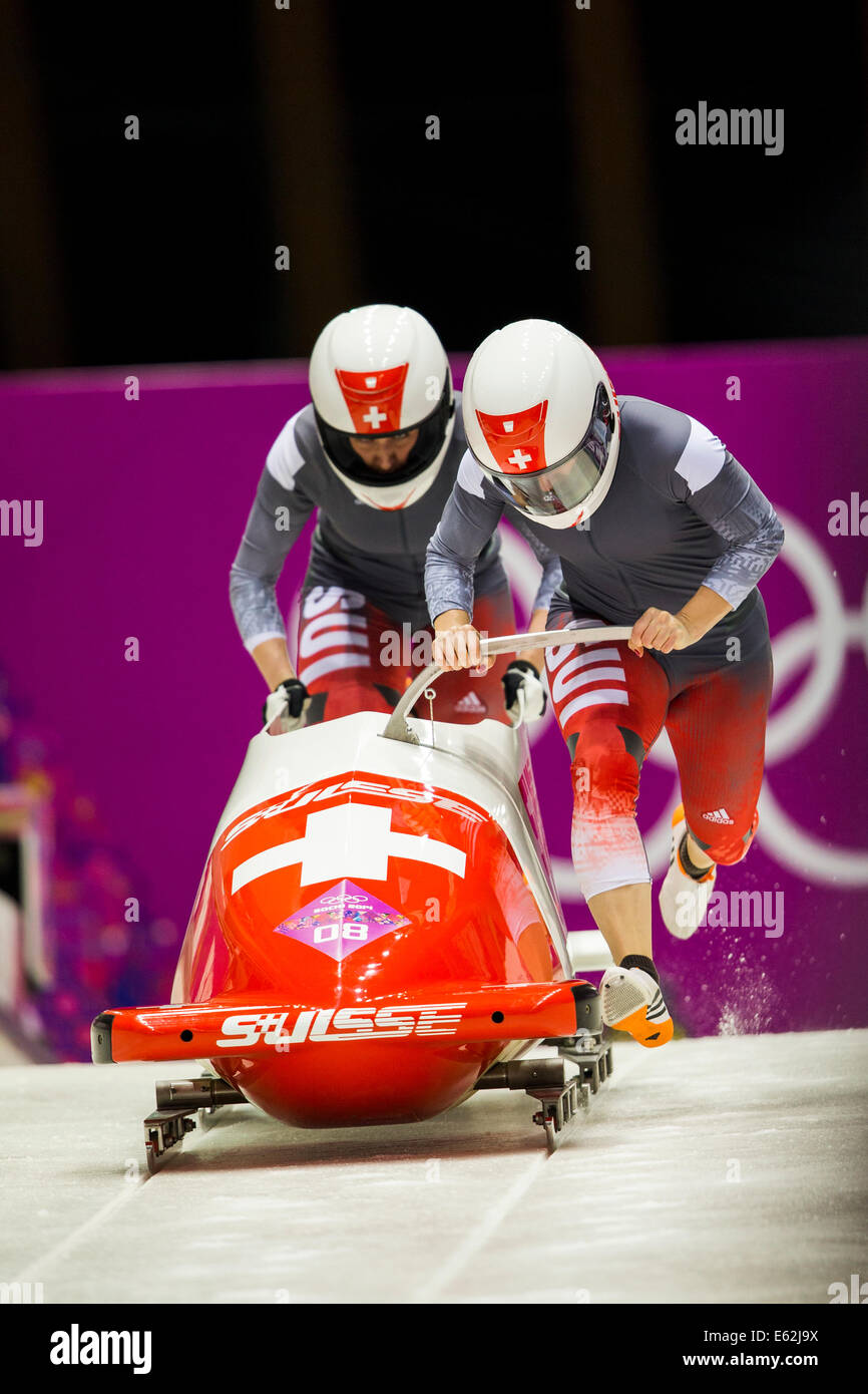 Fabienne Meyer and Tanja Mayer SUI-1 competing in the Women's Bobsleigh ...