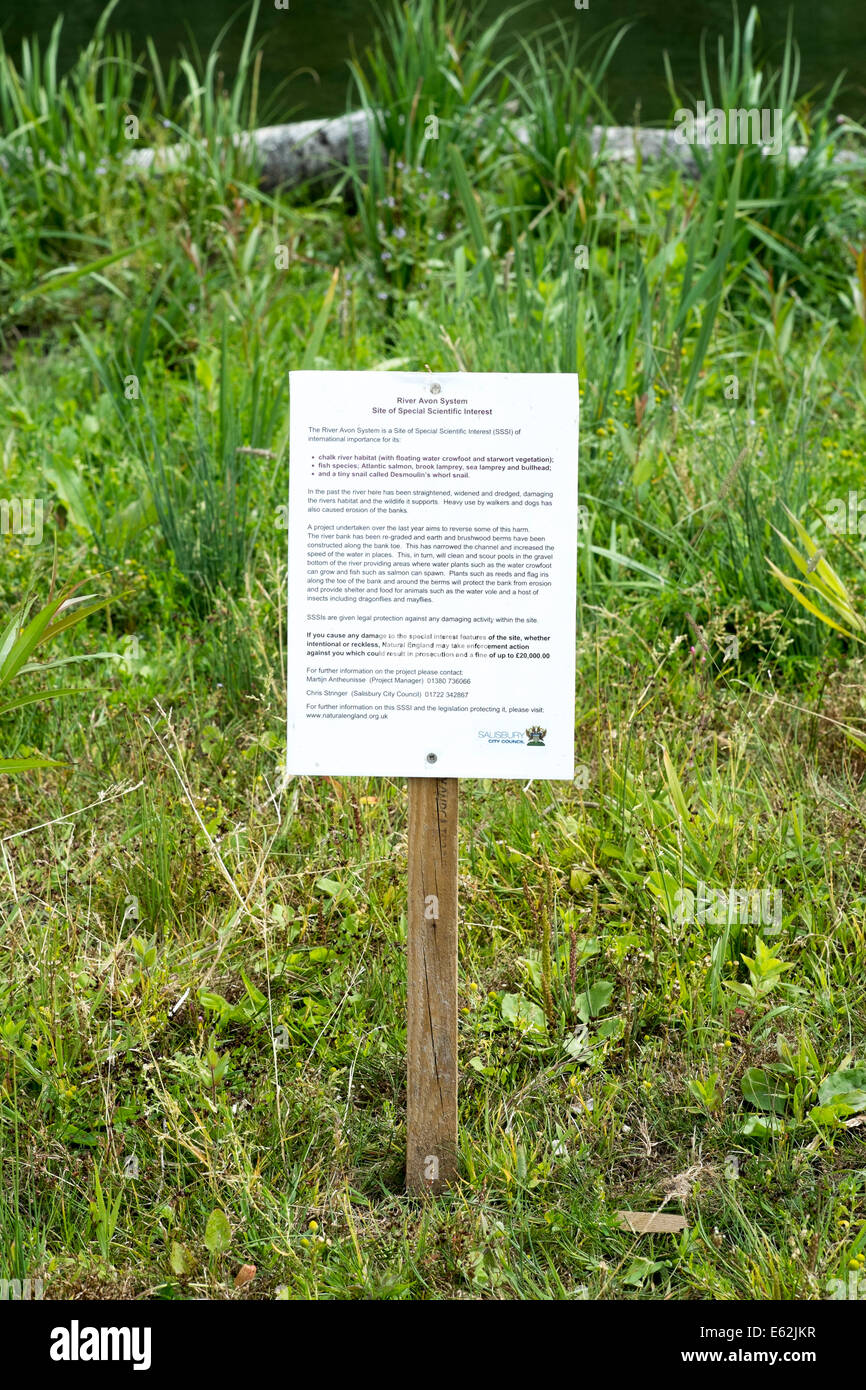 Small sign next to River Avon Salisbury UK indicating an SSSI site of ...
