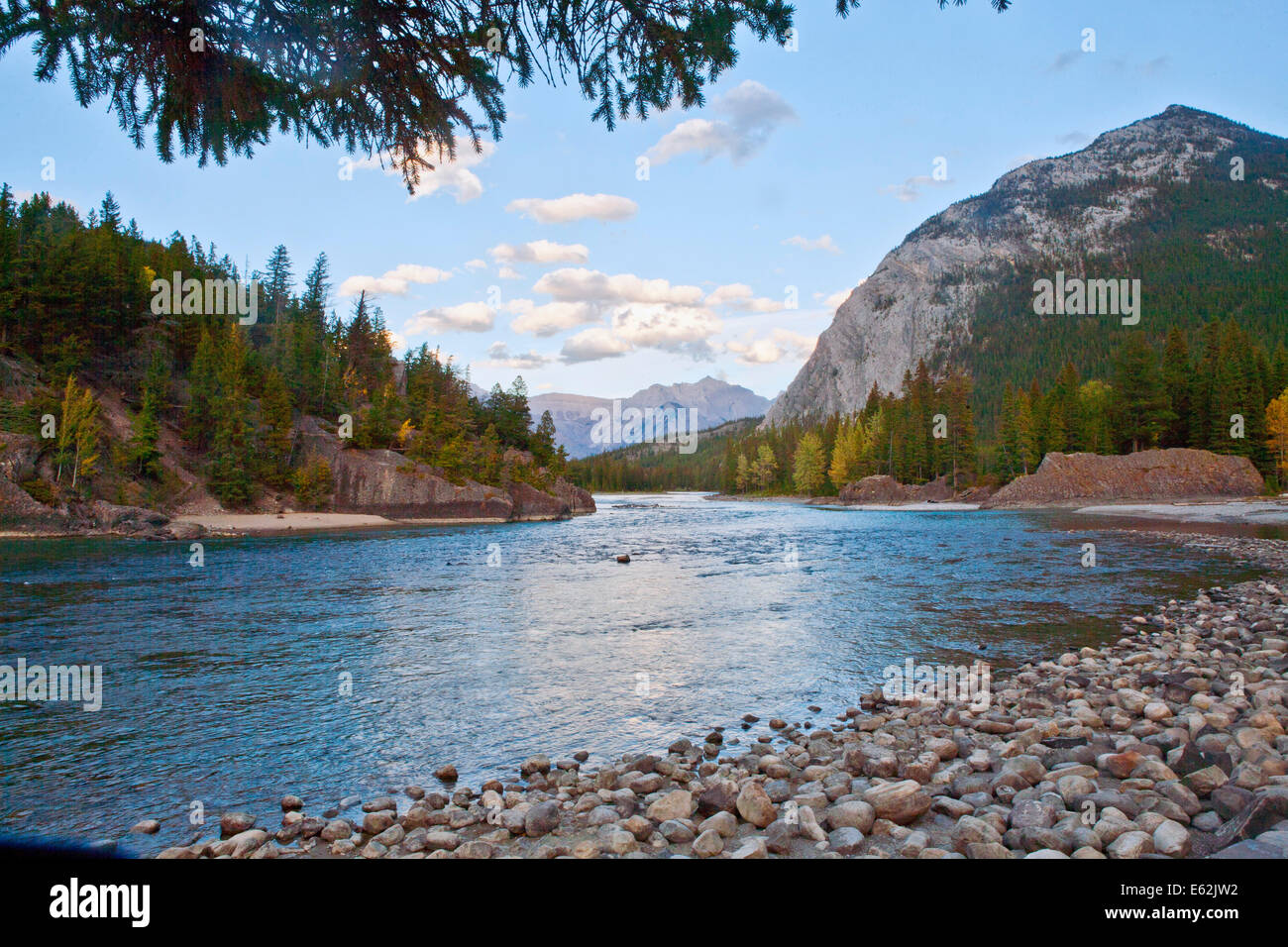 Bow River flows near Banff in Banff National Park Alberta, Canada Stock ...
