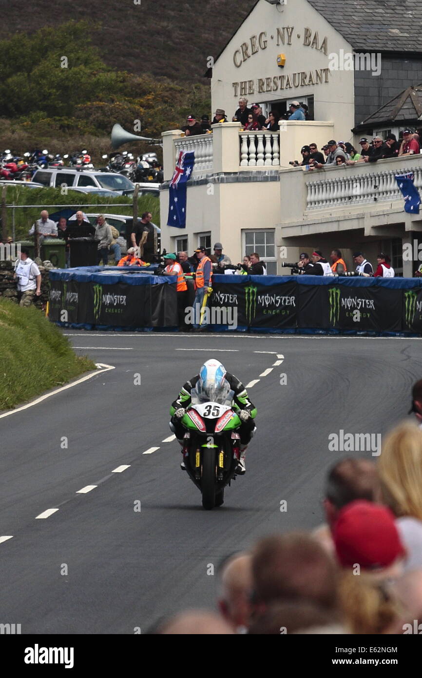 Karl Harris riding his Kawasaki, passing Creg ny Baa during the first ...