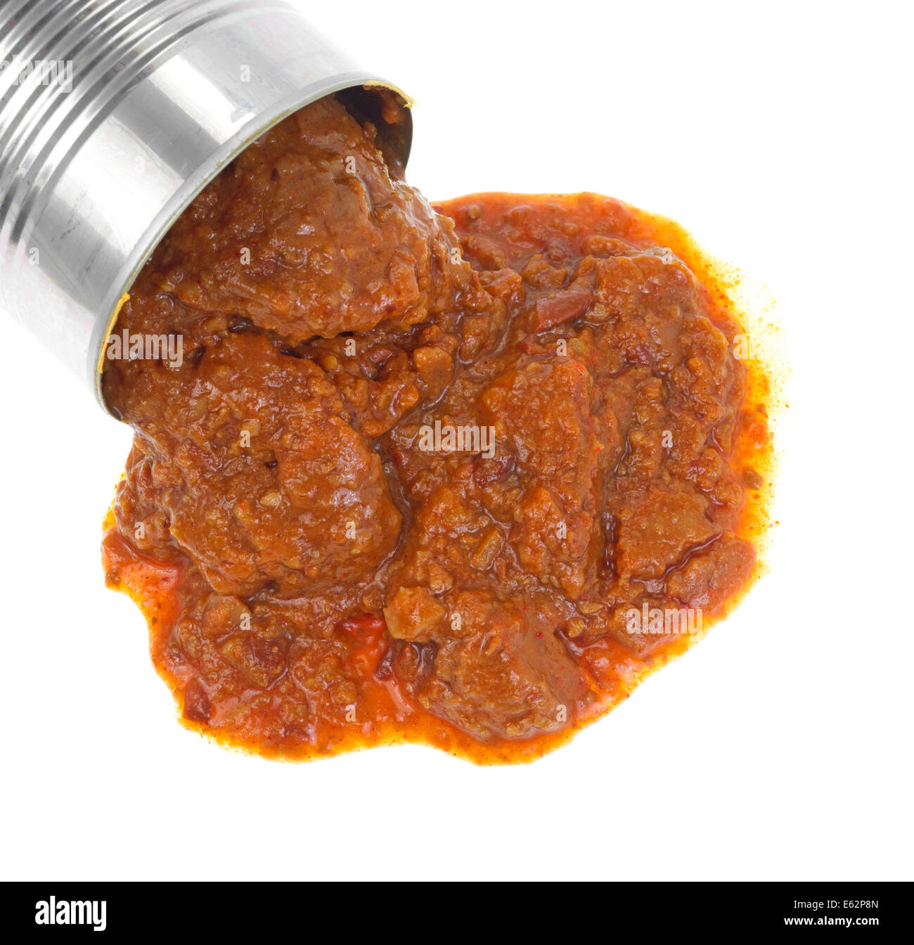 A very close view of an opened can of hot dog chili spilling onto a ...
