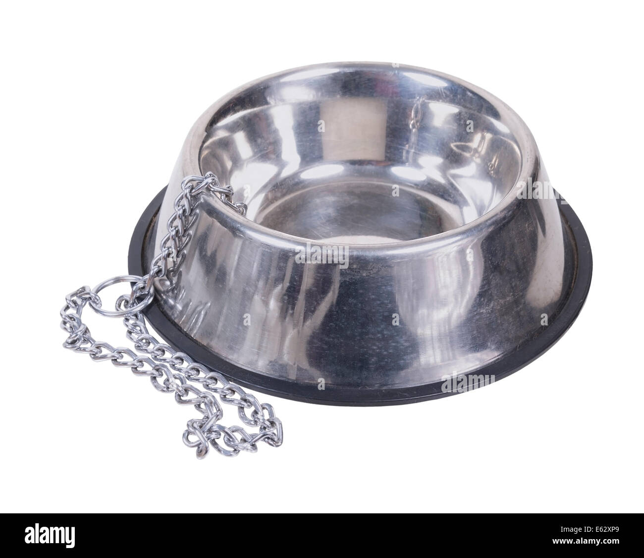 Empty silver dog bowl and chain - path included Stock Photo - Alamy