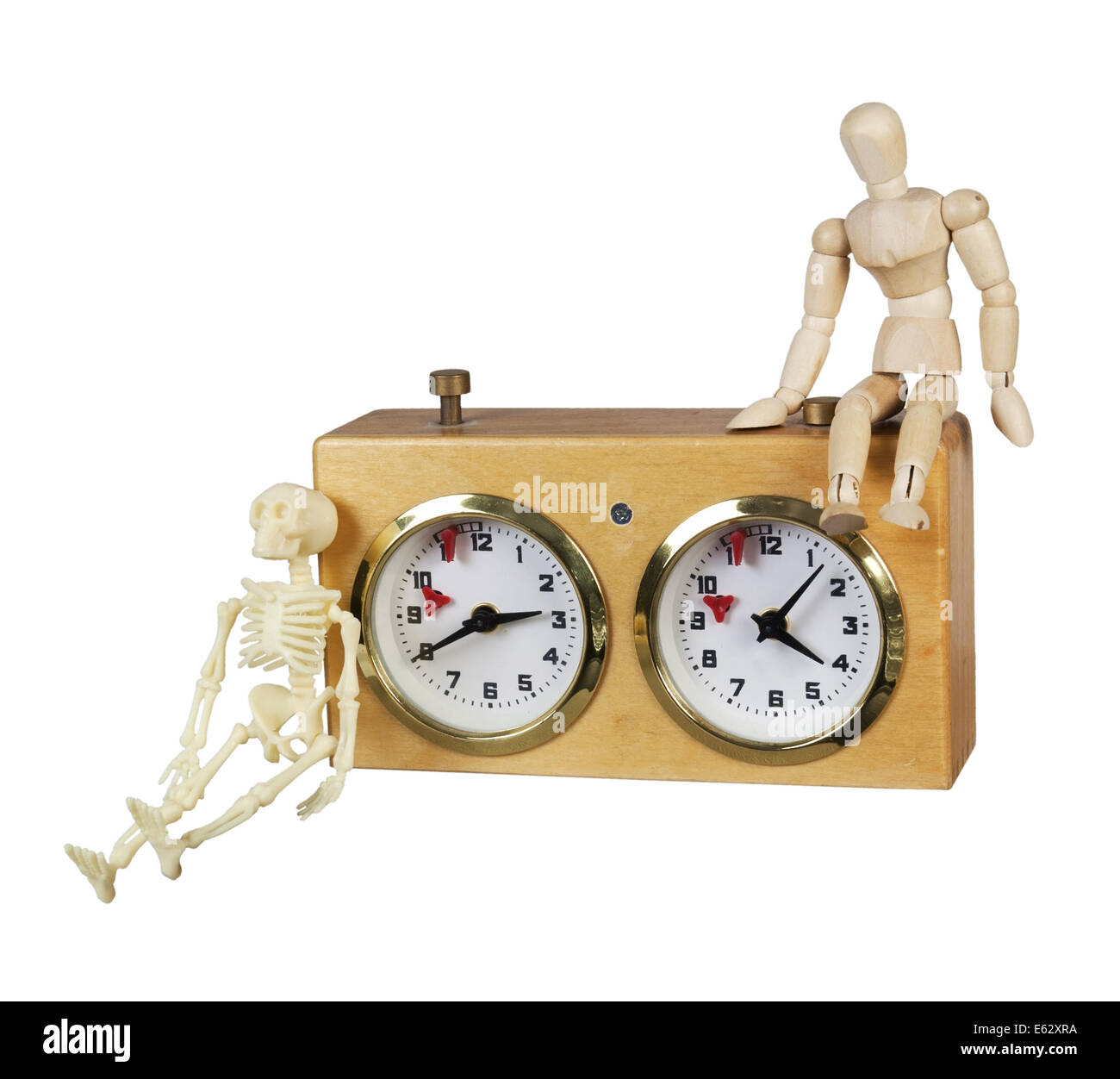 Person and skeleton with a chess game timer in a game between life and ...