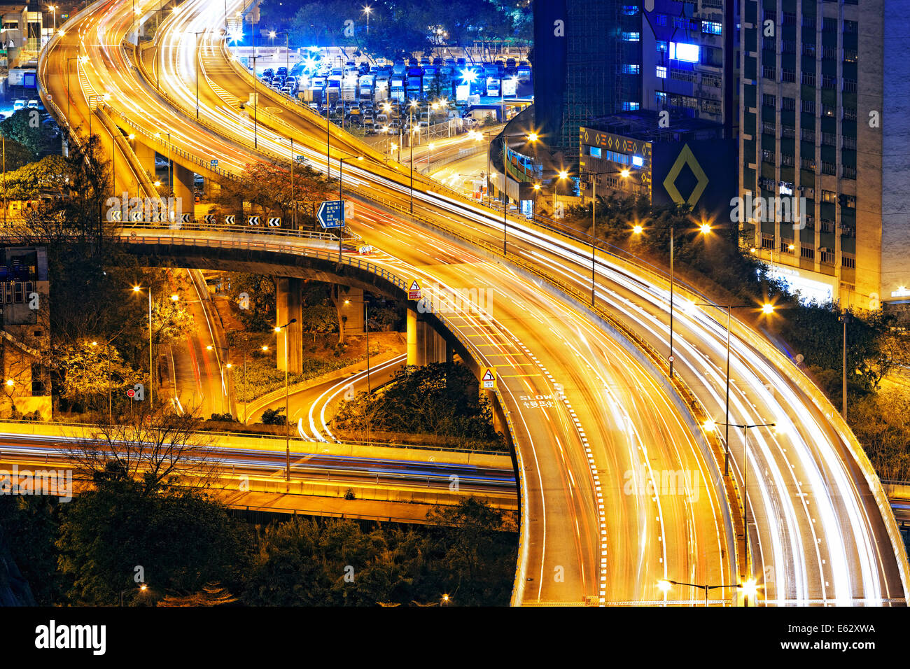 hong kong modern city High speed traffic and blurred light trails Stock ...