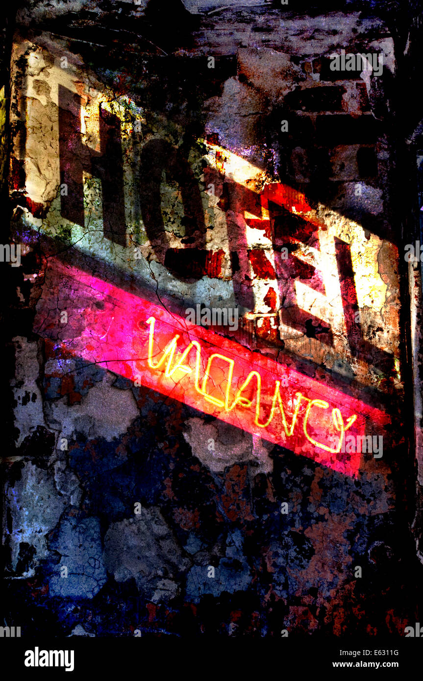 Hotel Vacancy sign overlaid with crumbling, patterned brickwork Stock ...
