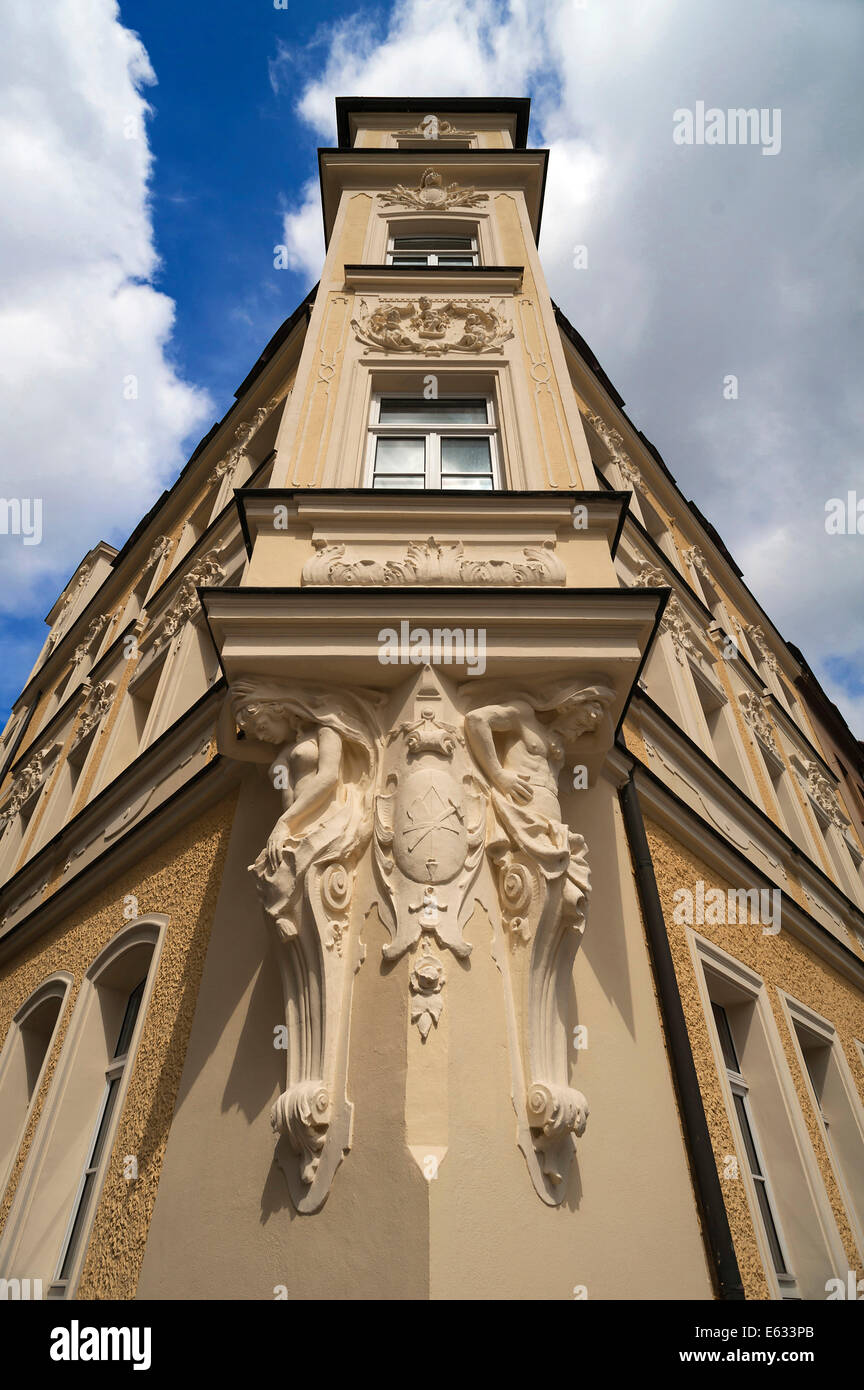 Multi-storey bay windows of an Art Nouveau building with caryatids ...