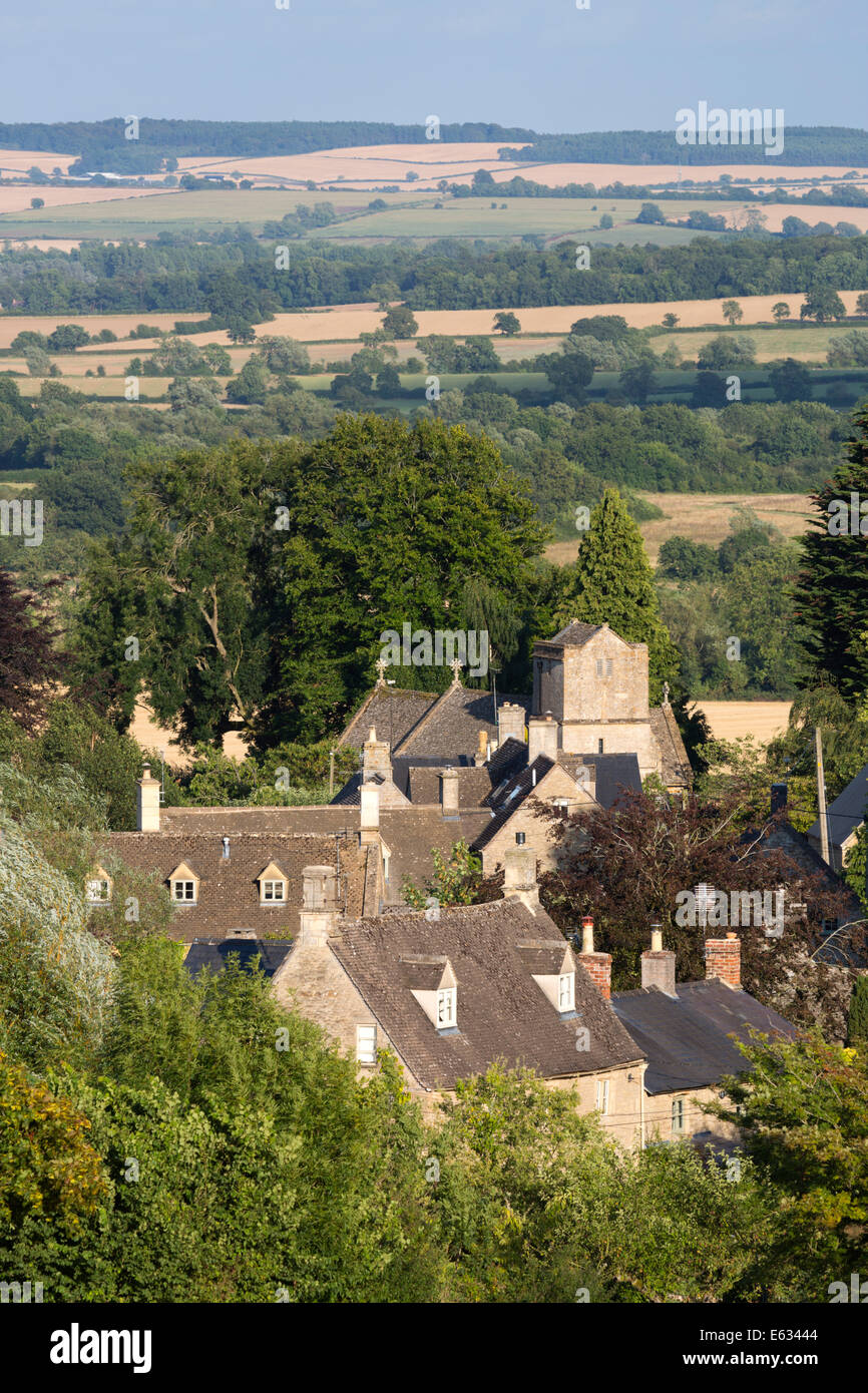View over Cotswold village, Icomb, Cotswolds, Gloucestershire, England ...