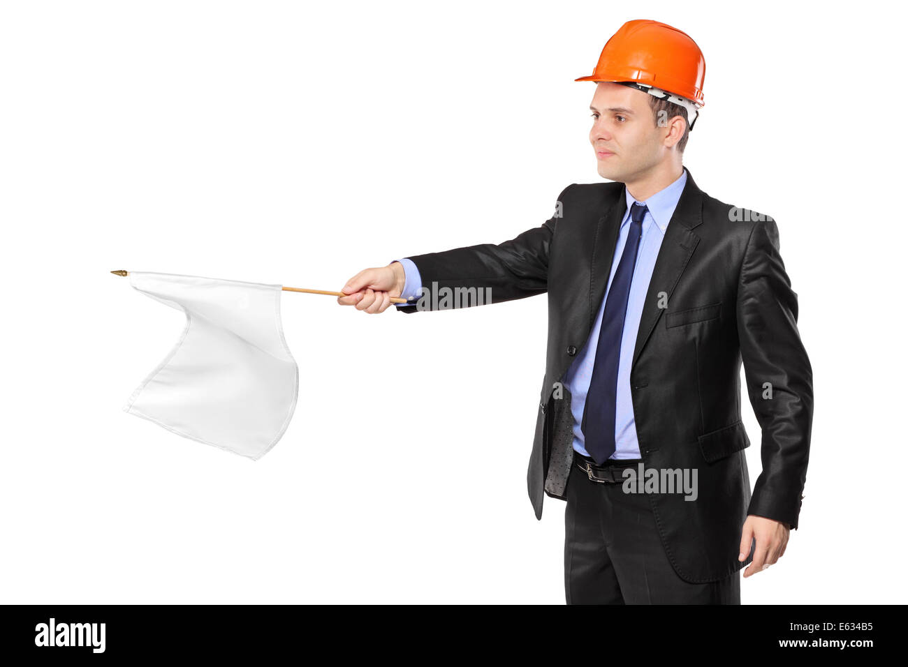 Construction worker waving a white flag isolated on white background ...
