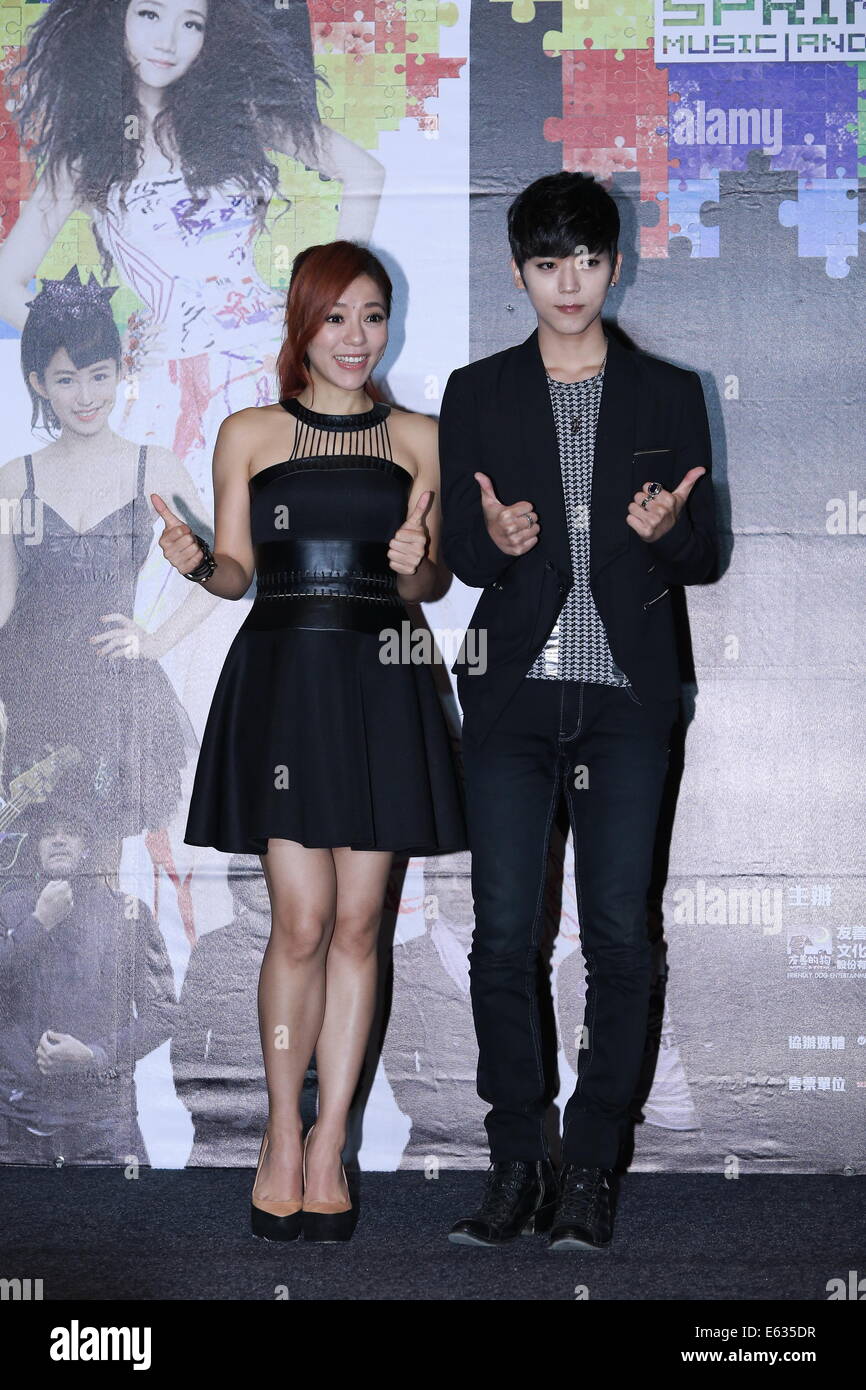 Taipei. 12th Aug, 2014. Singer Bii and Della attend press conference of ...