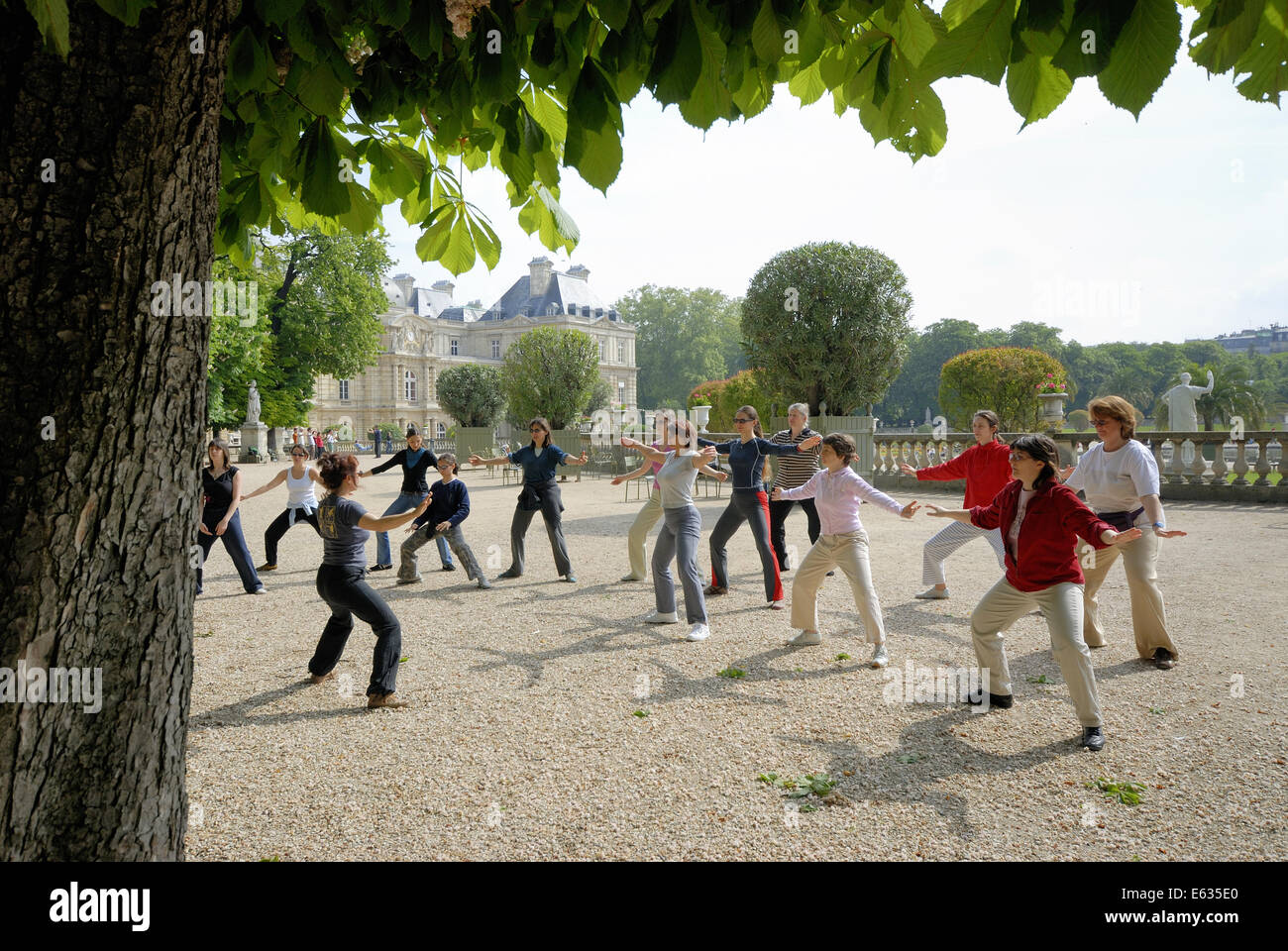 morning exercise and yoga, Luxembourg Gardens, Paris France Stock Photo ...