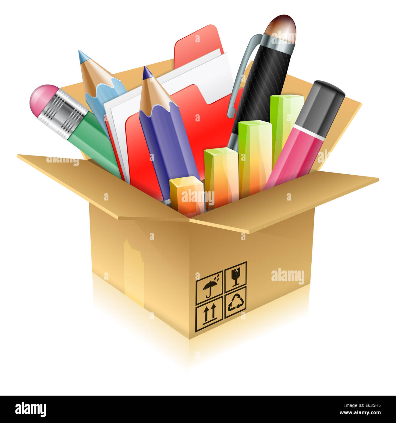 Back to School Concept - Open Cardboard Box with Colored Pencils, Pen ...