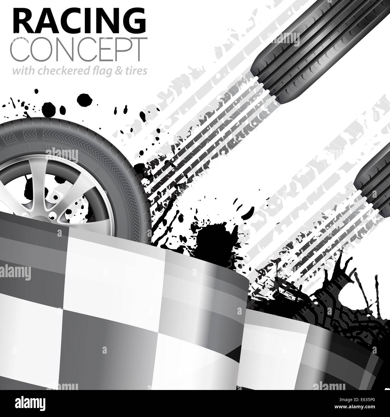 Racing Concept - Flags, Tires and Tracks, grunge background Stock Photo ...