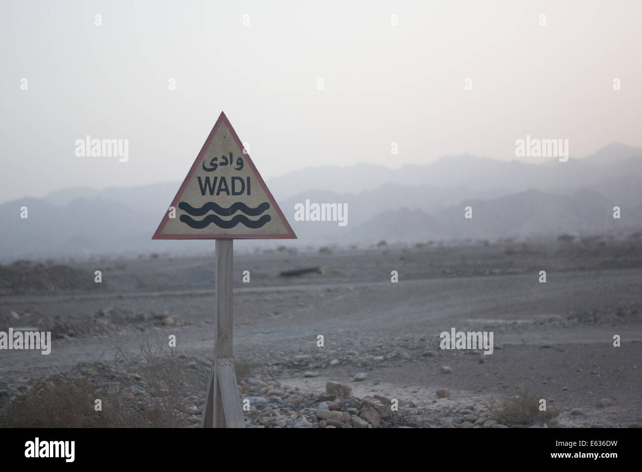 Wadi road sign at dusk, Dibba, Fujairah, United Arab Emirates Stock ...