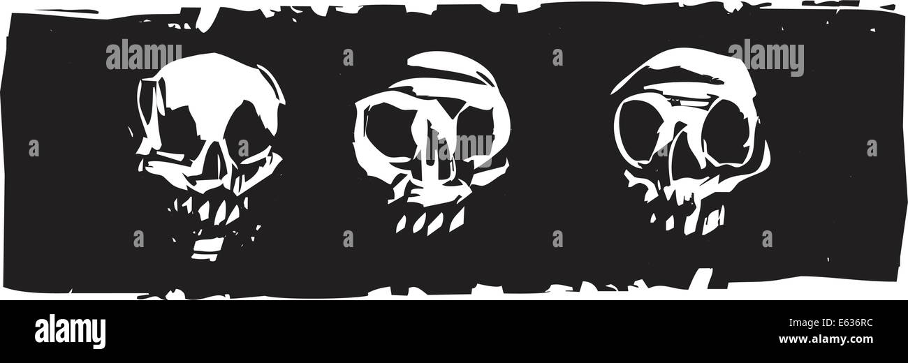 three woodcut style human skulls on a black background Stock Vector ...