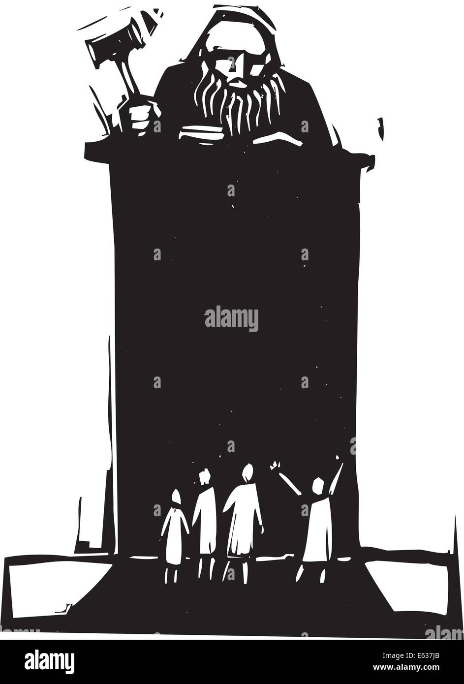 Woodcut style judge sitting atop his bench with crowd in front Stock ...