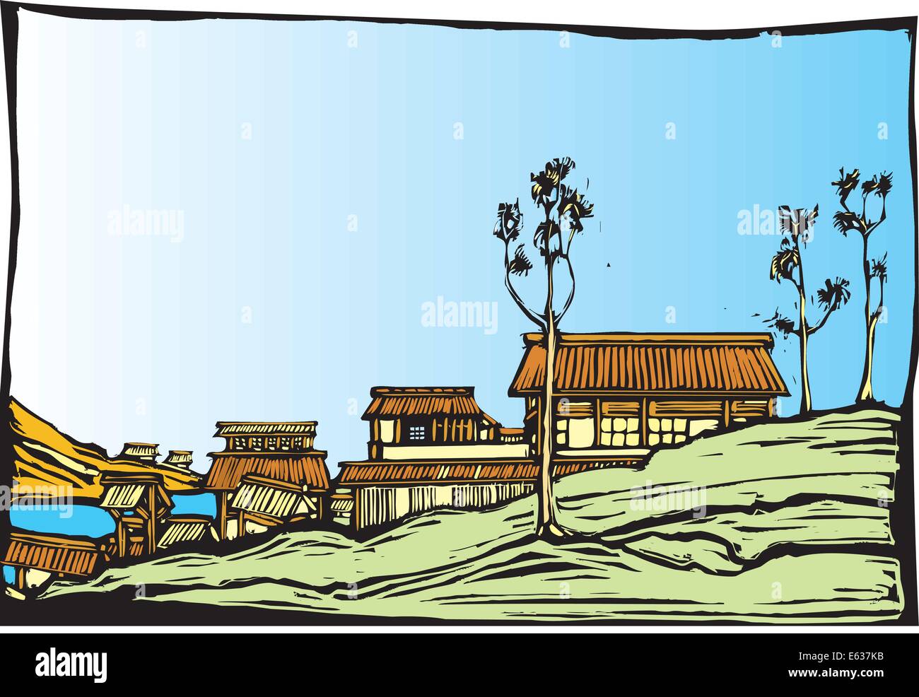 Japanese village in the style of traditional woodblock print Stock ...