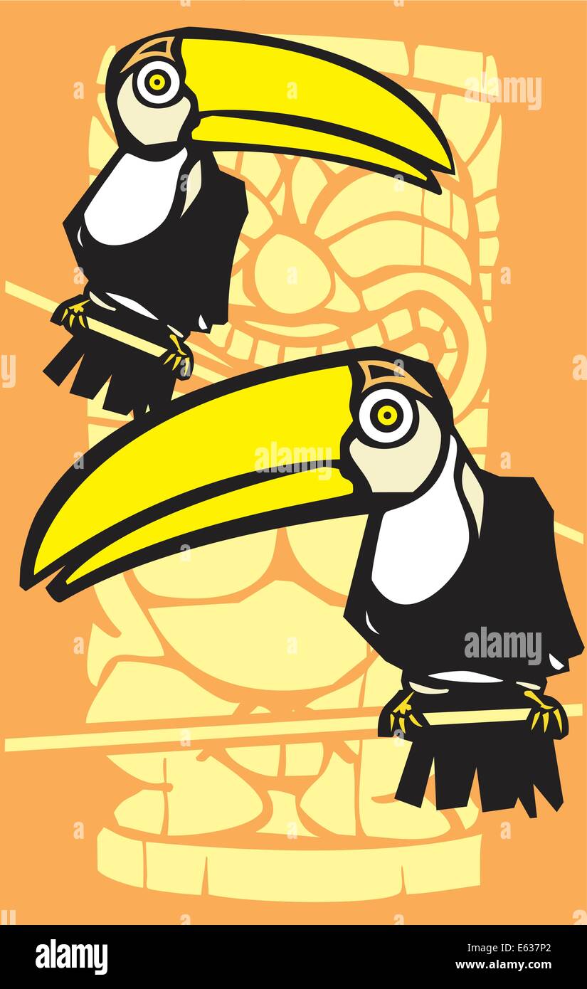 Tropical toucan birds with retro tiki in background Stock Vector Image ...