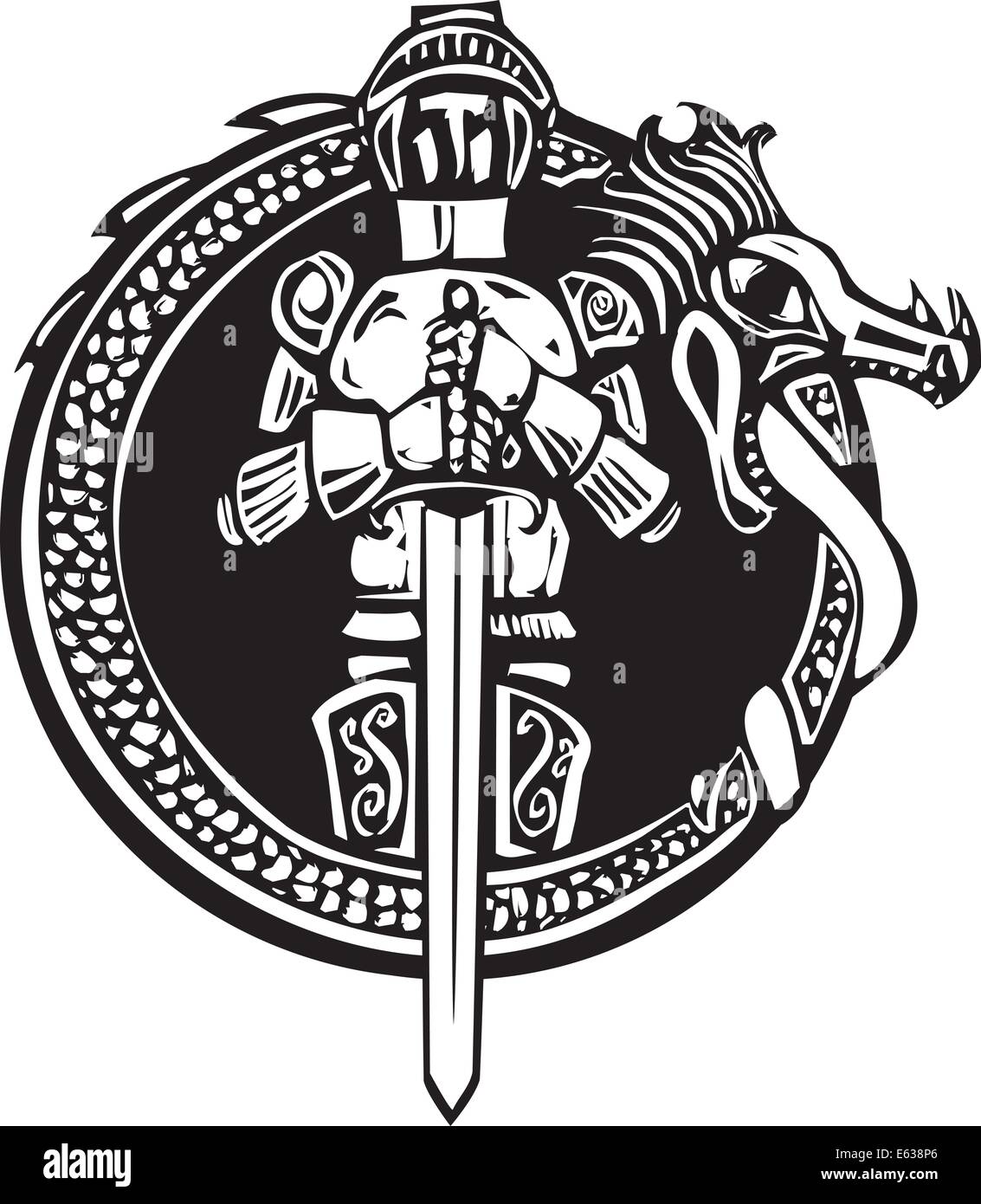 Woodcut style medieval knight in a dragon circle Stock Vector Art ...