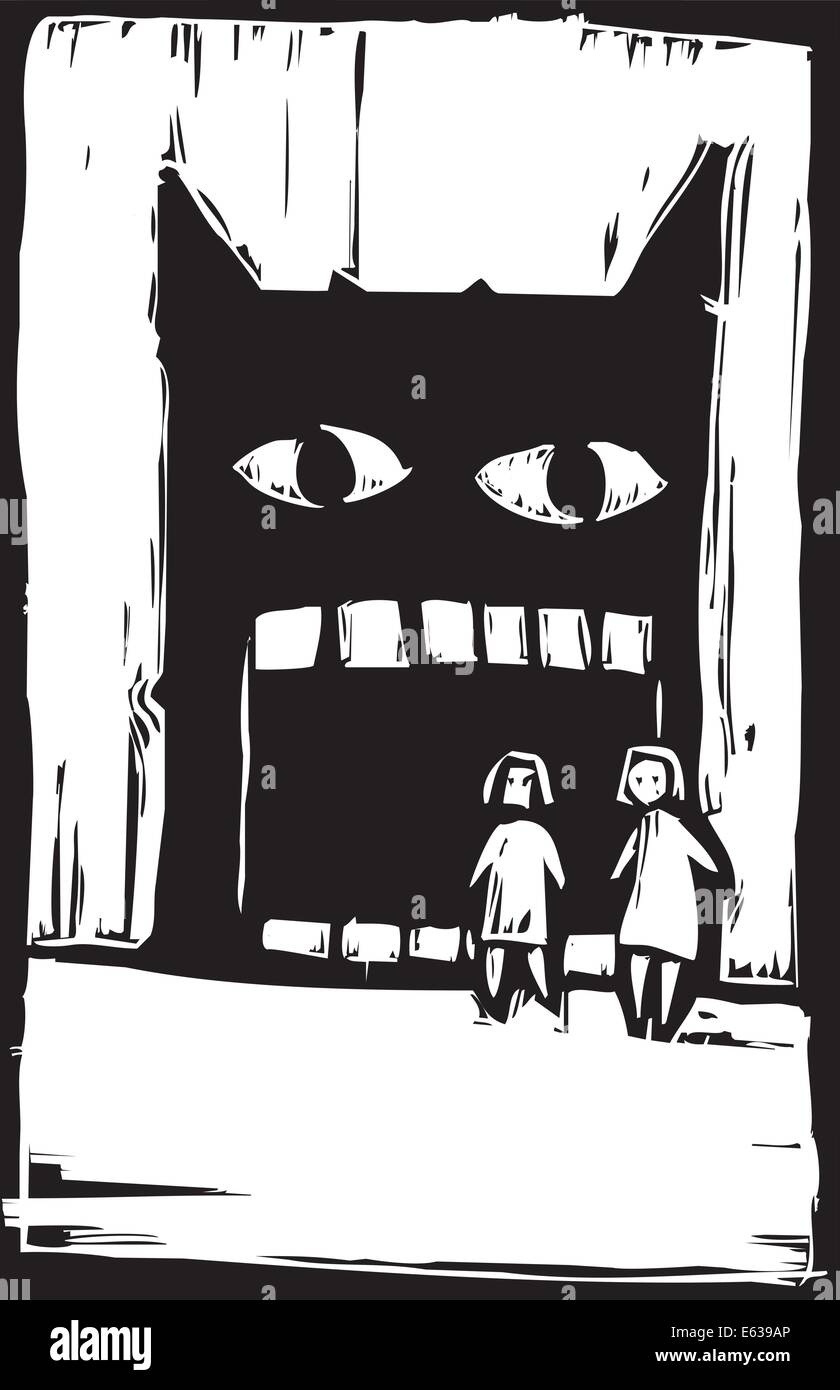 simple woodcut image of a monster head getting ready to eat Stock ...