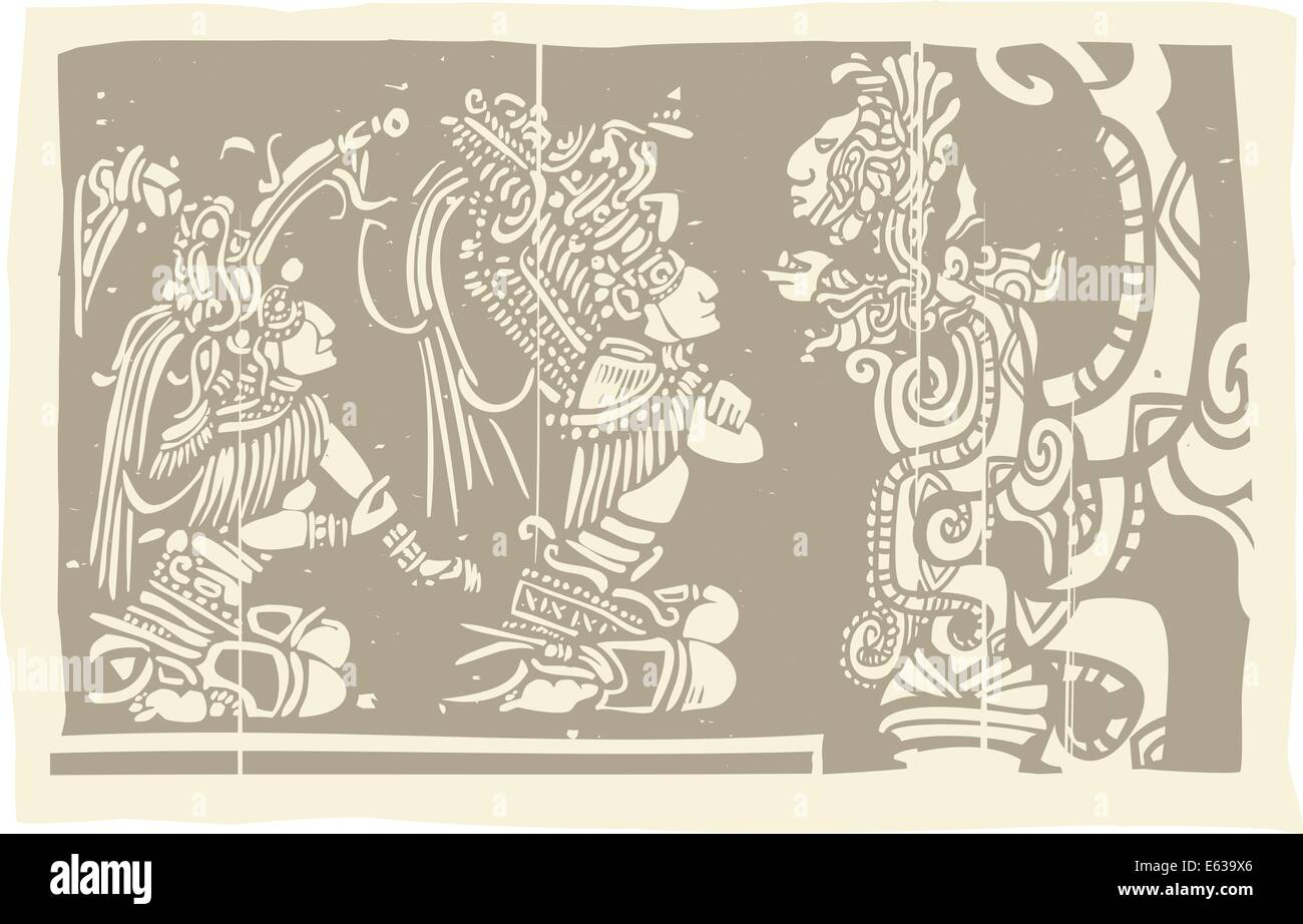 Woodblock style Mayan image with two priests and Vision Serpent Stock ...