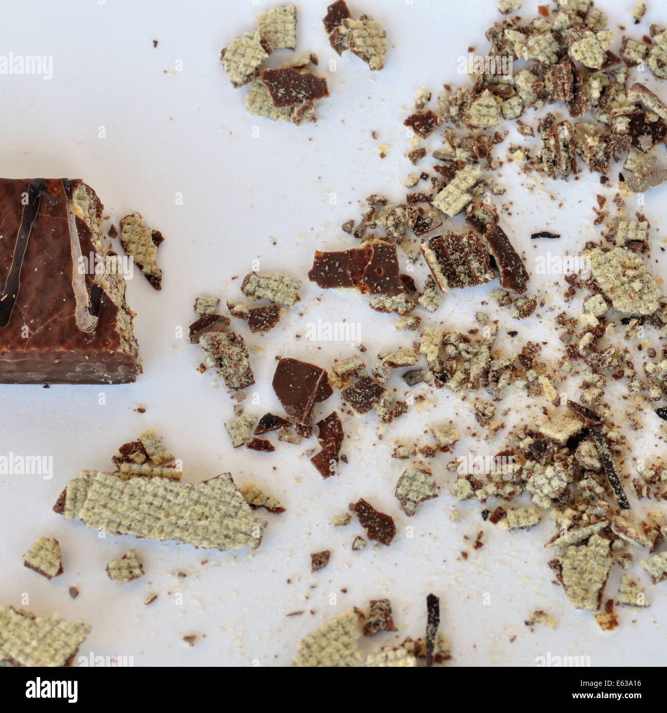 Chocolate wafer sweet dessert and crumbs on white background Stock ...