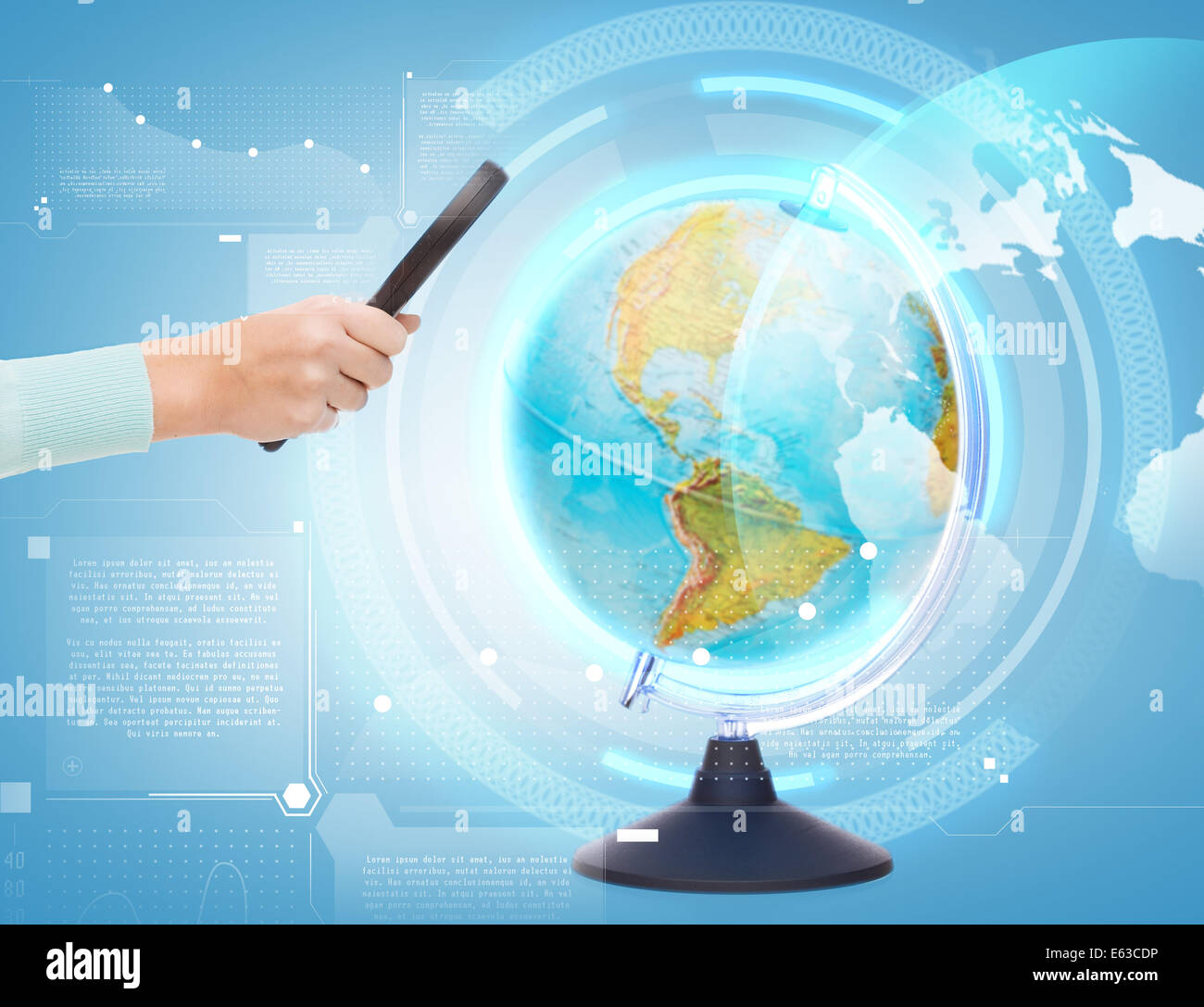 woman hand holding magnifying glass over globe Stock Photo - Alamy