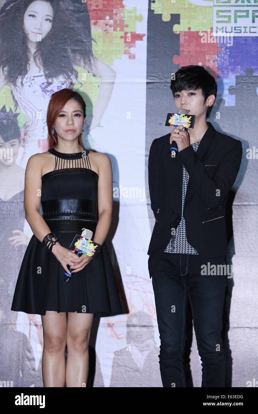 Taipei. 12th Aug, 2014. Singer Bii and Della attend press conference of ...