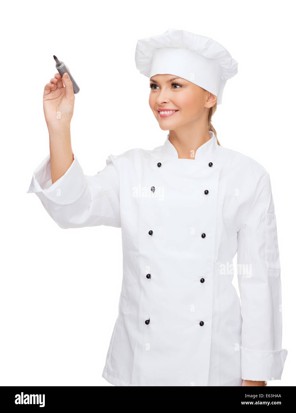 smiling female chef writing something on air Stock Photo - Alamy