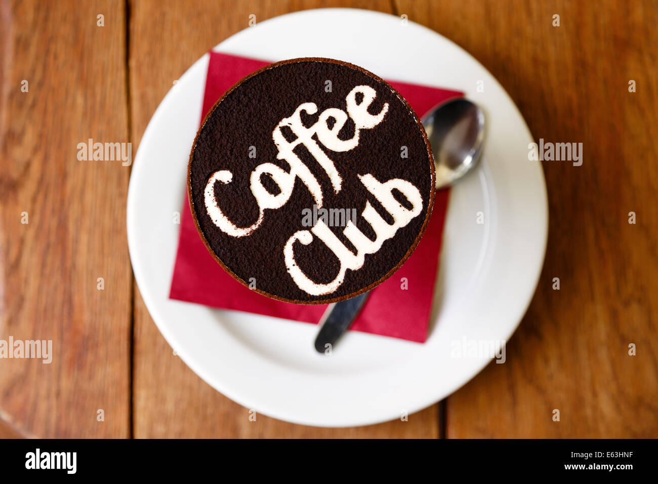 Tiramisu in glass with Coffee Club sign Stock Photo - Alamy