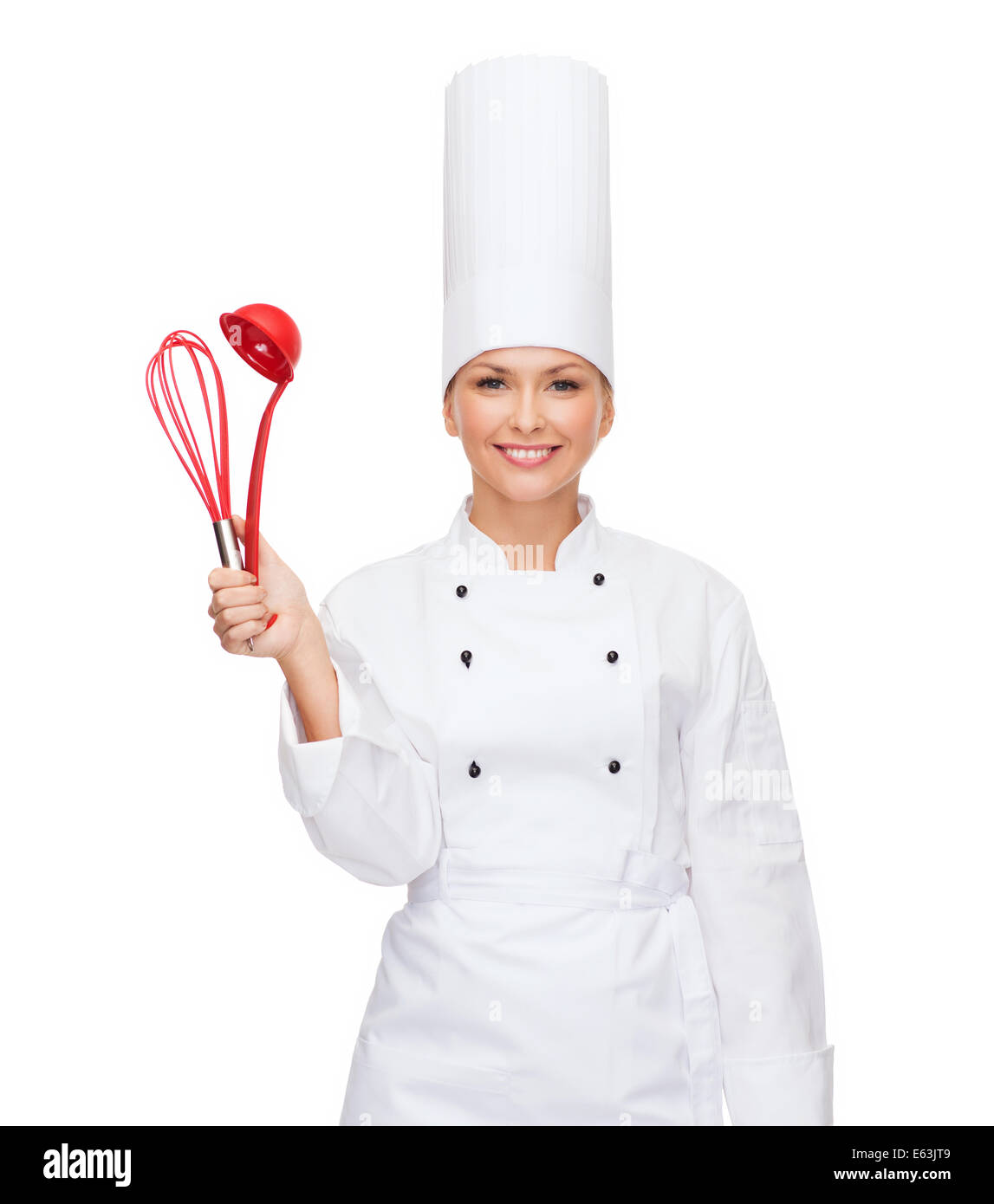 smiling female chef with cooking equipment Stock Photo - Alamy