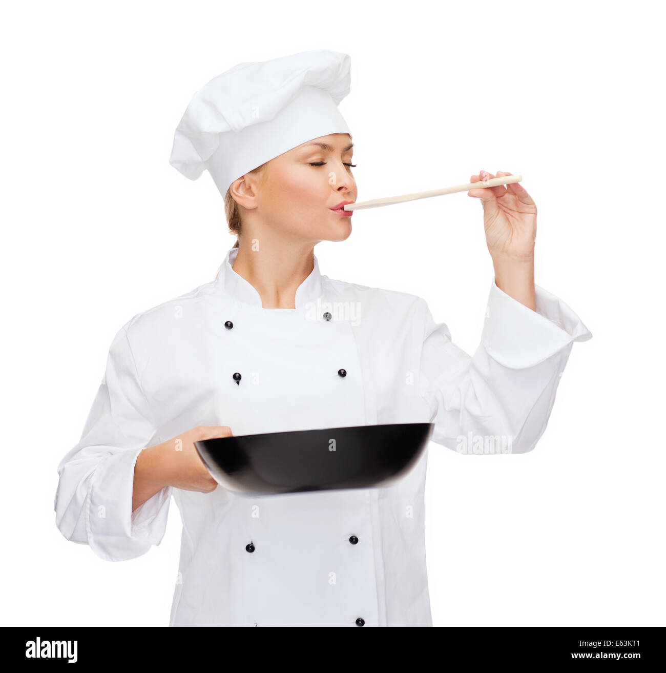 smiling female chef with pan and spoon Stock Photo - Alamy