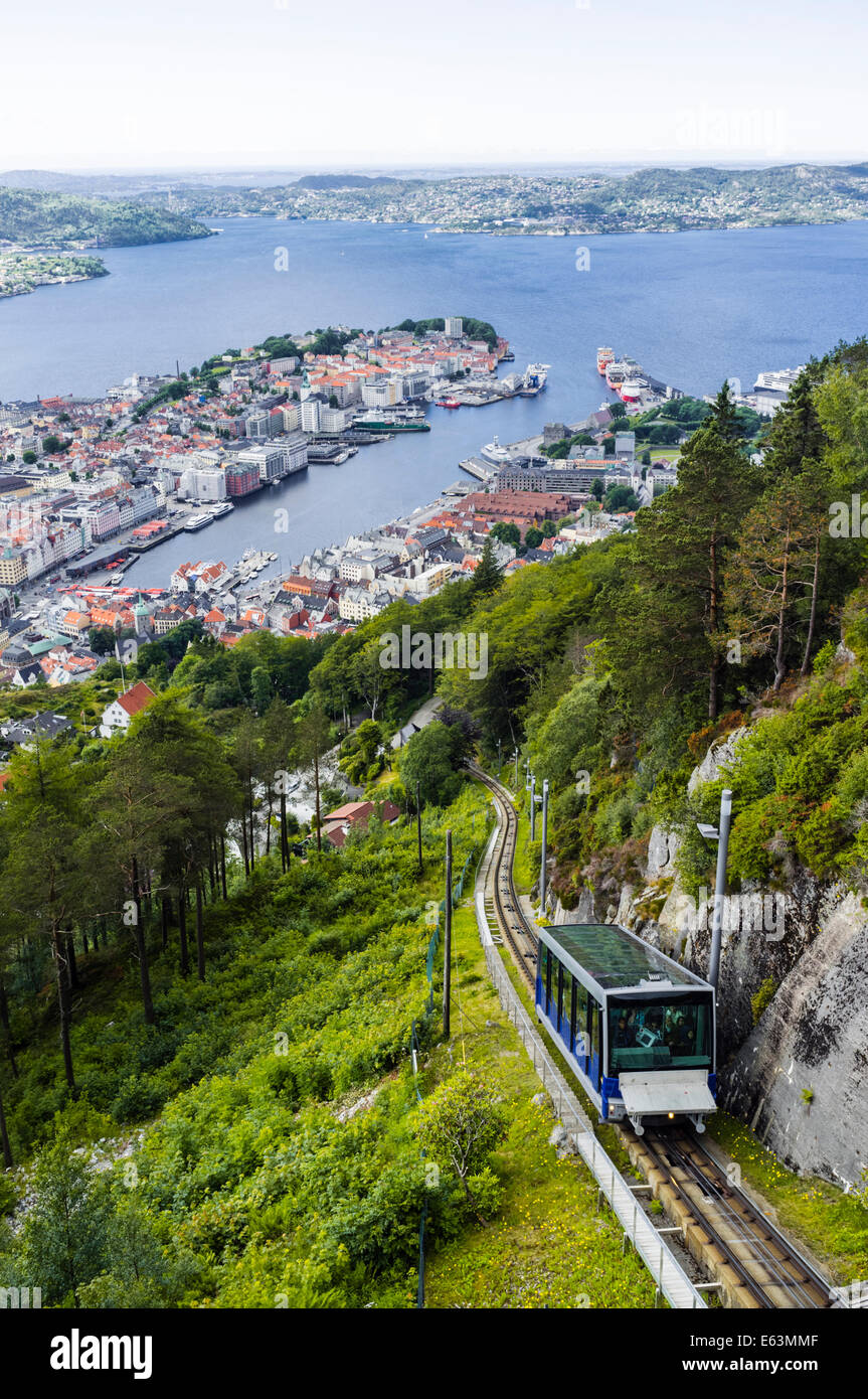 Floibanen funicular climbing up to Mt. Floyen in Bergen, Norway Stock ...
