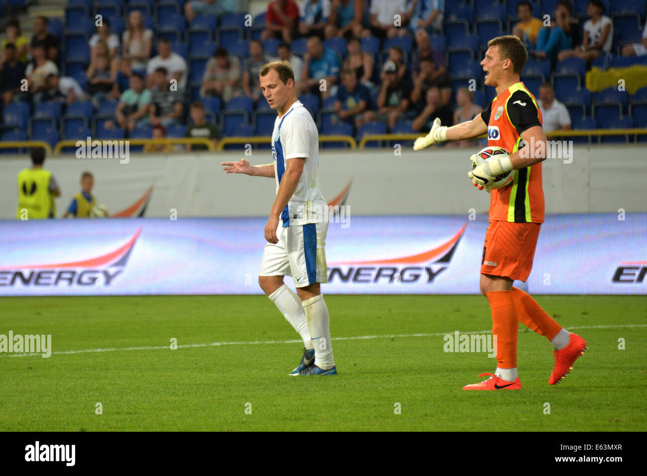 Player and goalkeeper during the match between FC Dnipro and FC Karpaty ...