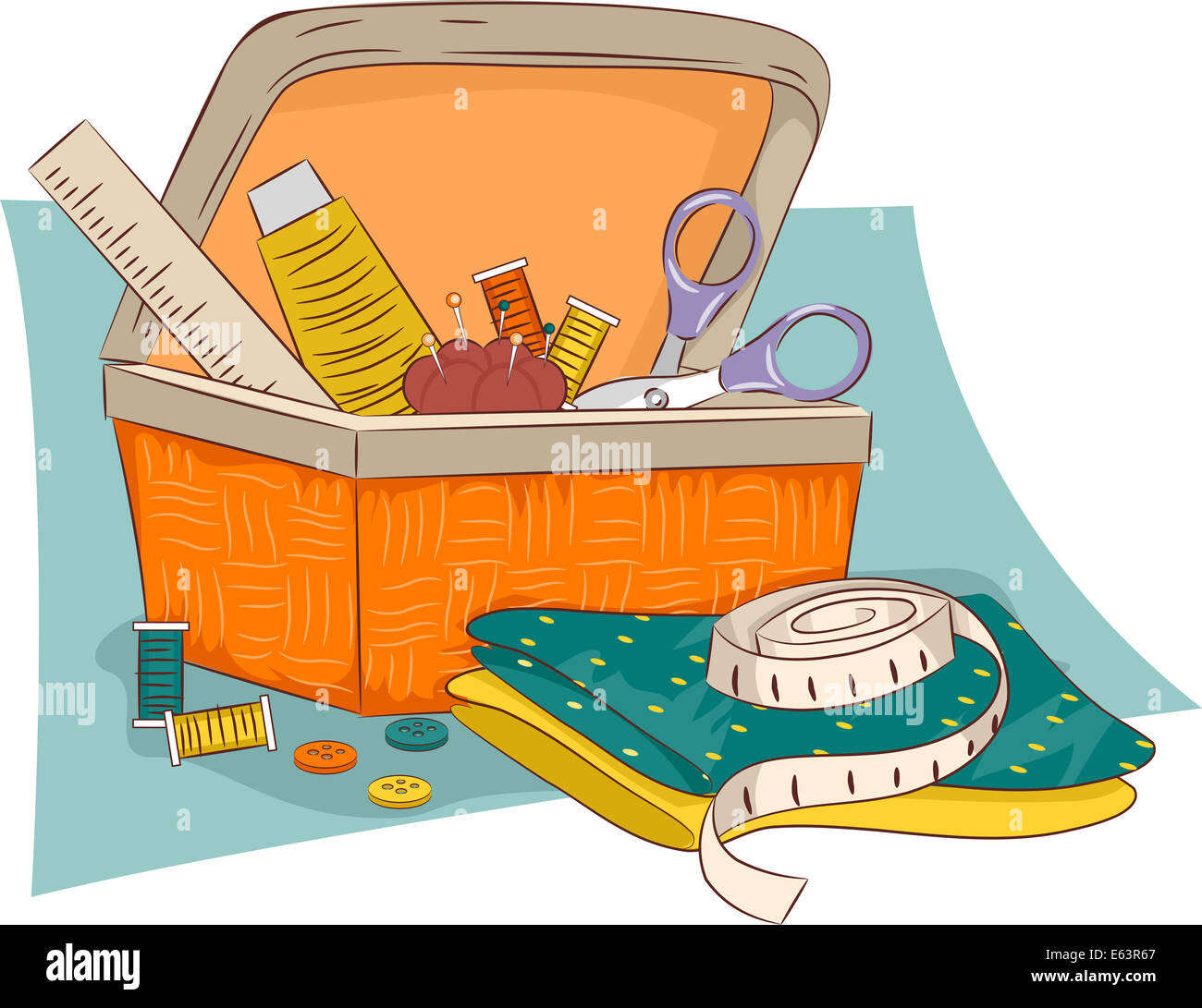 Illustration of a Wicker Basket Containing Sewing Materials Stock Photo ...