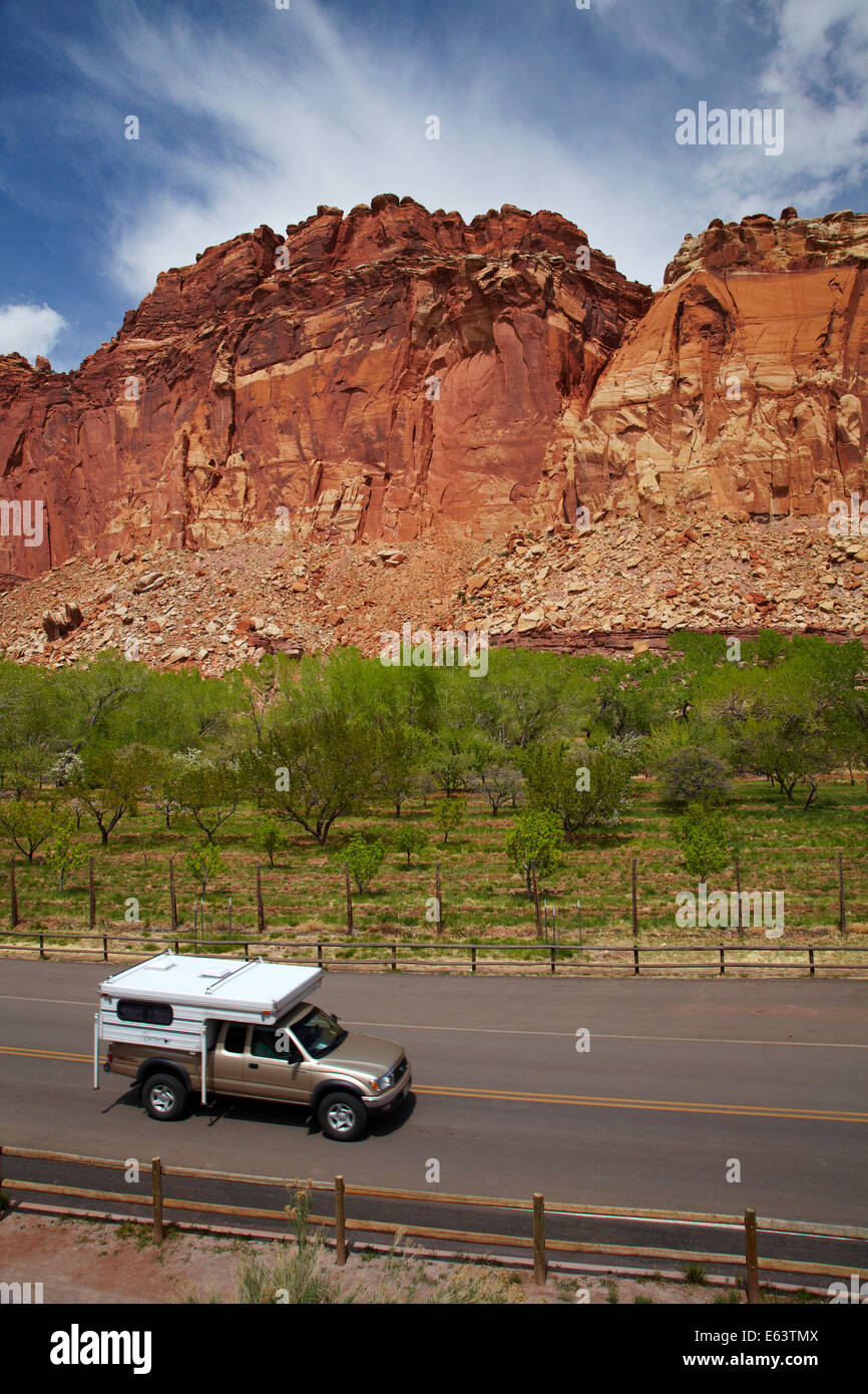 Historic orchards, sandstone cliffs and RV at Fruita, Capitol Reef ...