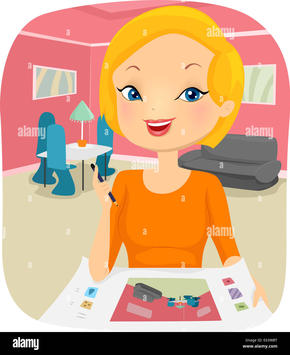 Illustration of a Female Interior Designer Planning the Design of a ...