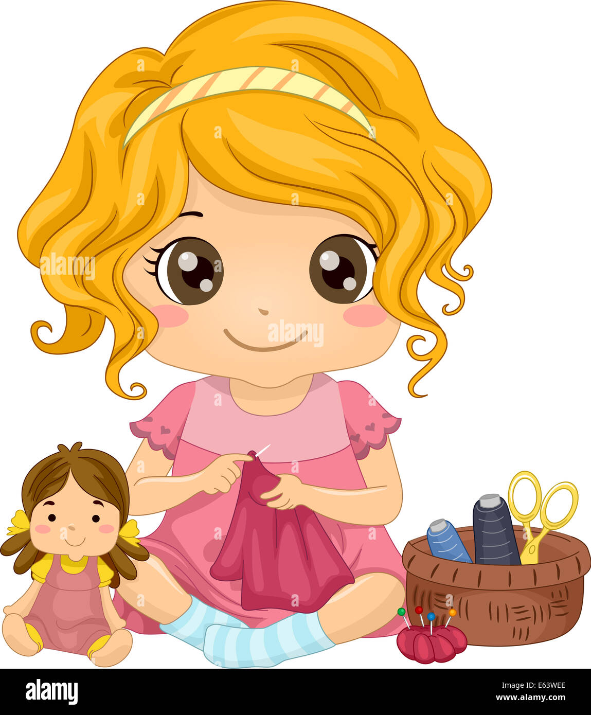 Illustration of a Cute Little Girl Sewing a Dress for Her Doll Stock ...