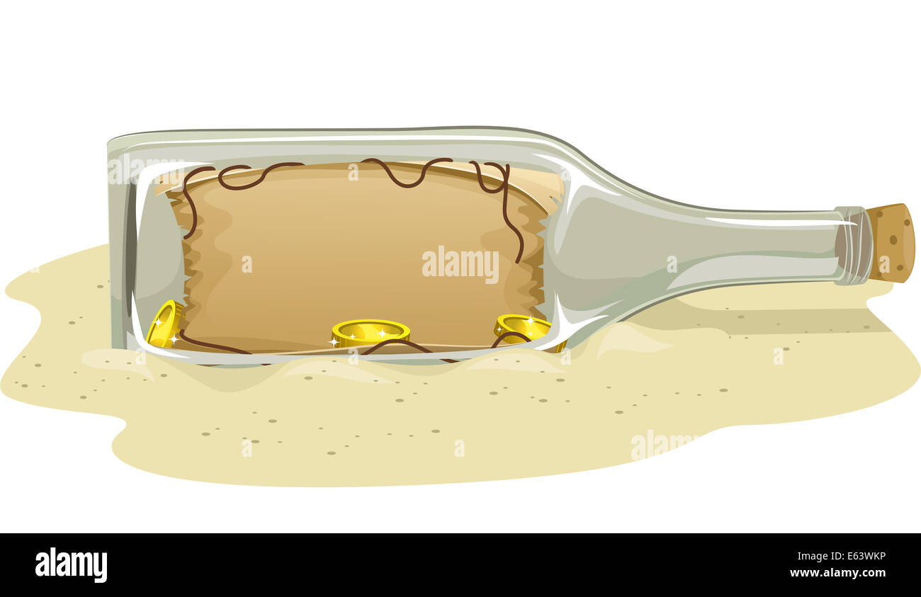 Illustration of a Treasure Map Tucked Inside a Bottle Stock Photo - Alamy