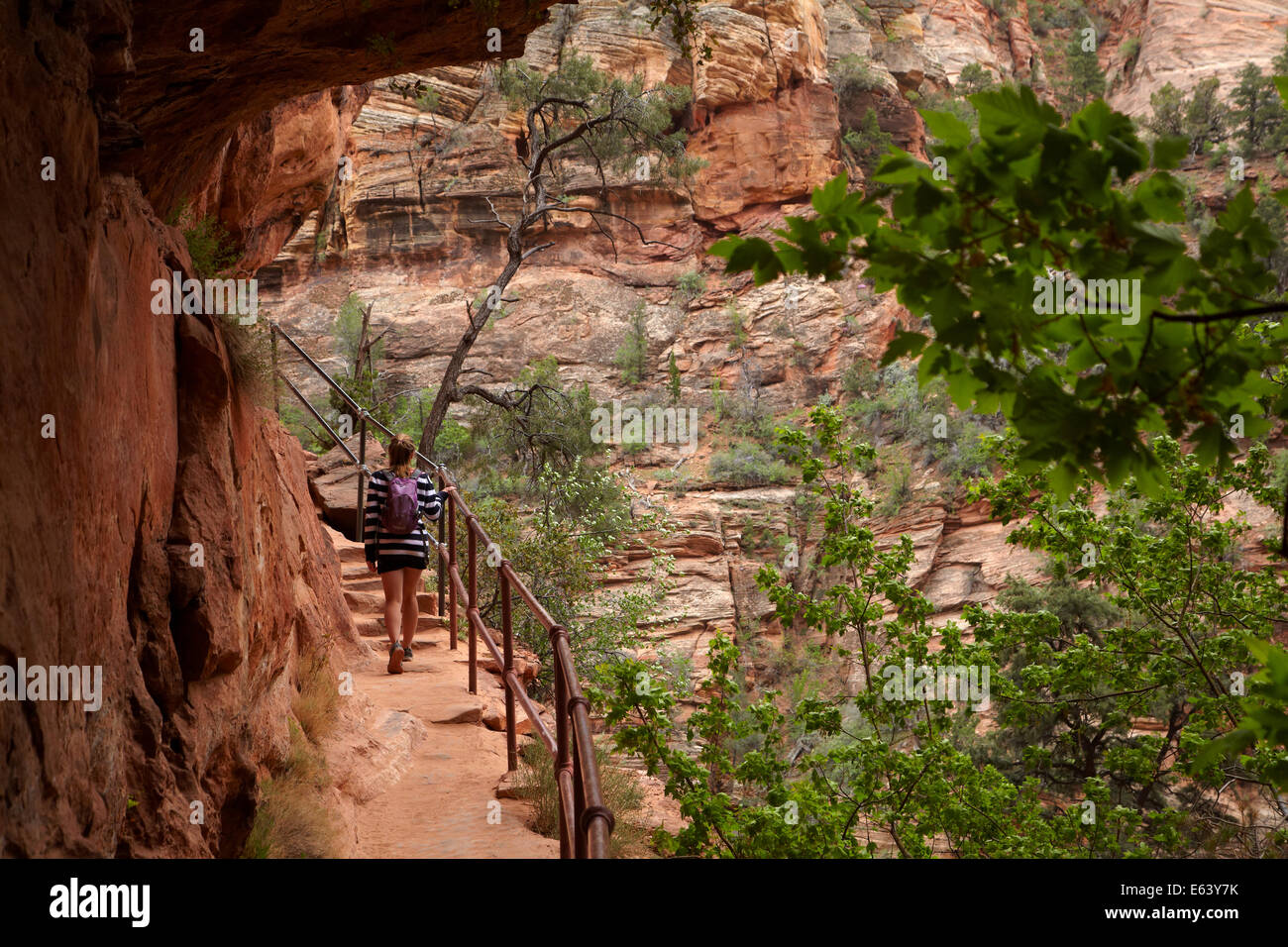 Hiker in overhang on Canyon Overlook Trail, Zion National Park, Utah ...