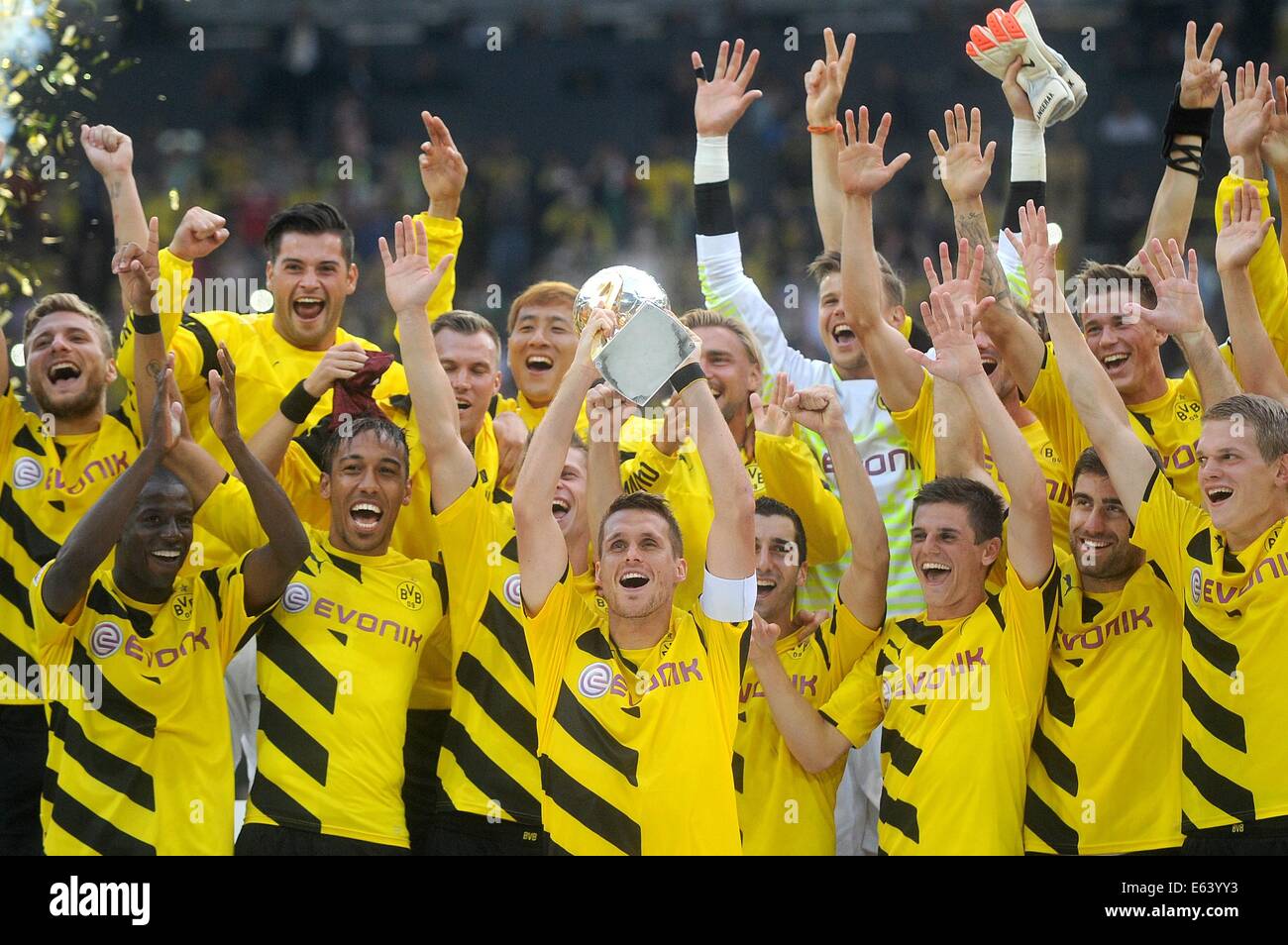 Dortmund, Germany. 13th Aug, 2014. Borussia Dortmund's team and their ...