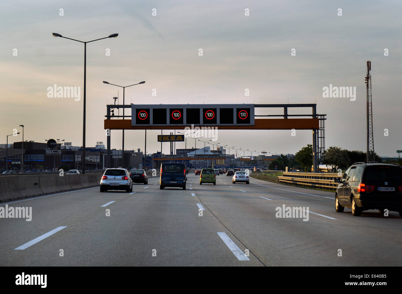 A2 motorway, highway, speed limit sign, signpost, Austria, June 28 ...
