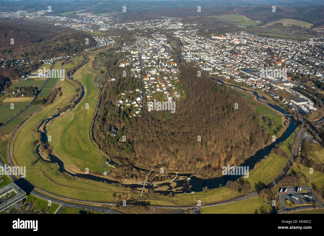Aerial view, loop of the Ruhr river near the historic center, Arnsberg ...