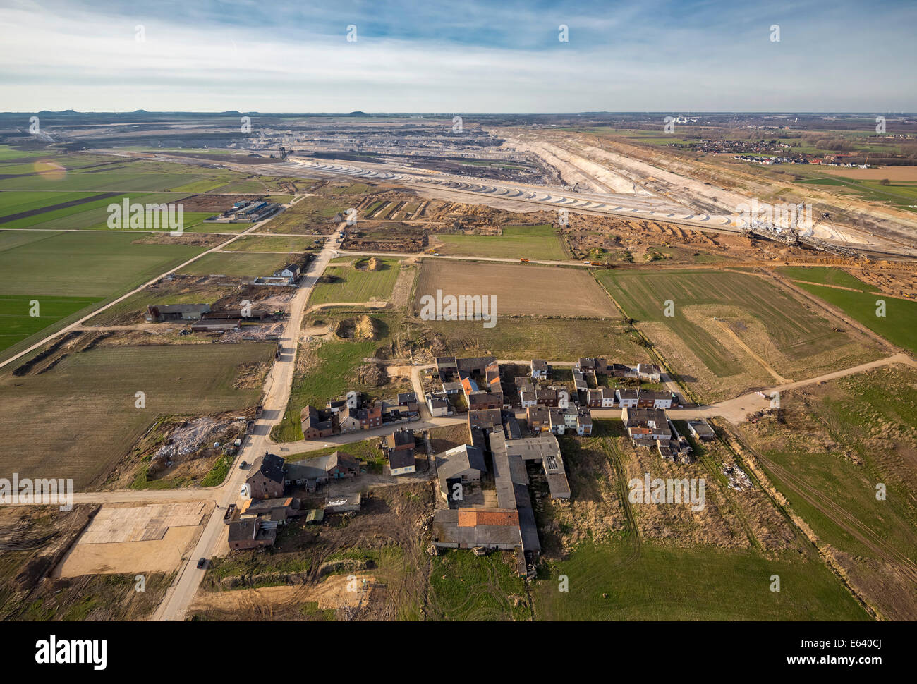 Aerial view, Inden open-cast lignite mine with the destroyed village of ...