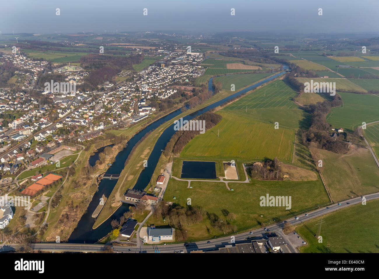 Aerial view, Menden Fröndenberg waterworks on the Ruhr river, Menden ...