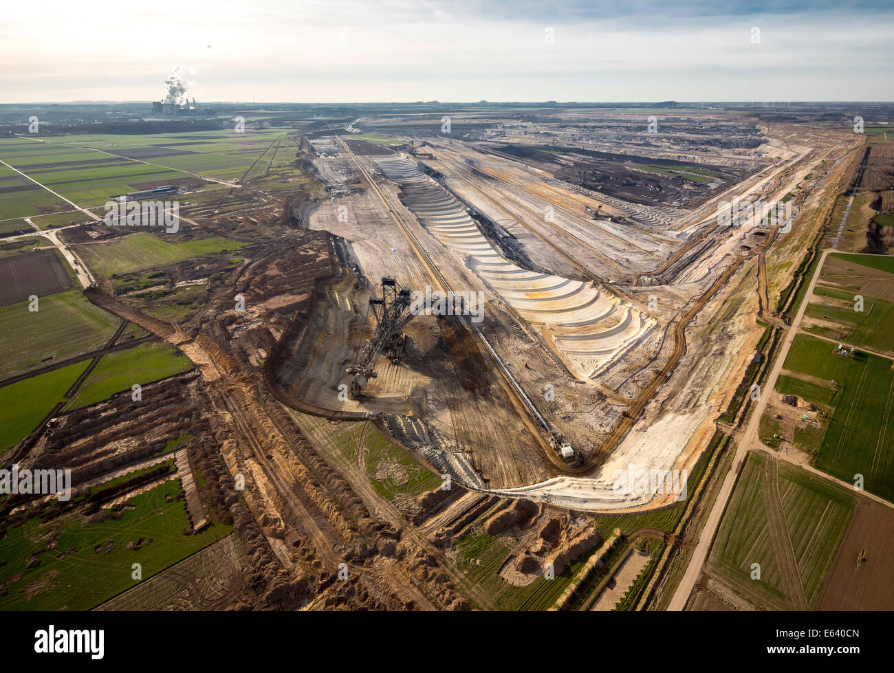 Aerial view, Inden open-cast lignite mine with the destroyed village of ...