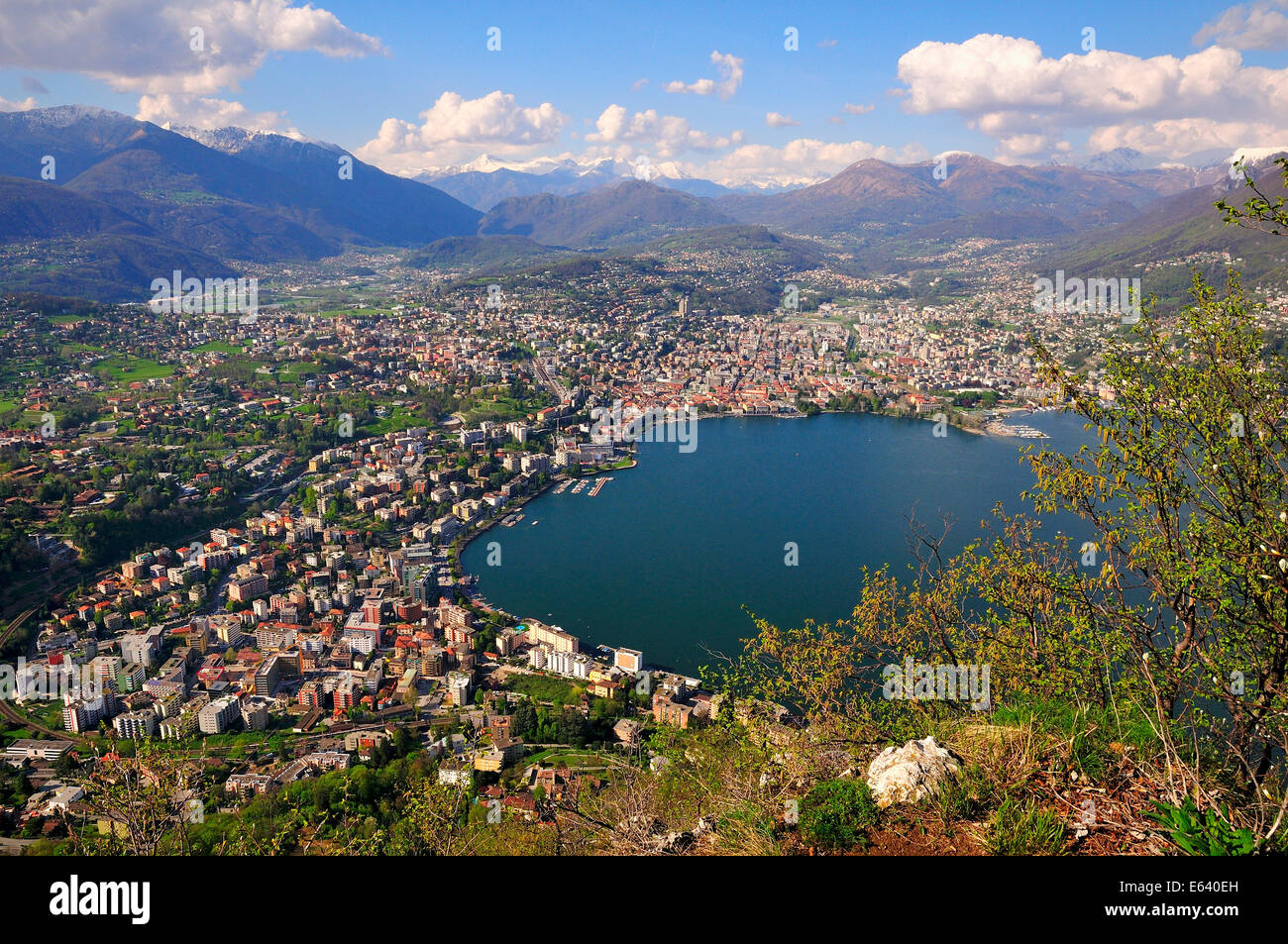 View of Lugano on Lake Lugano and the Alps, Monte San Salvatore ...