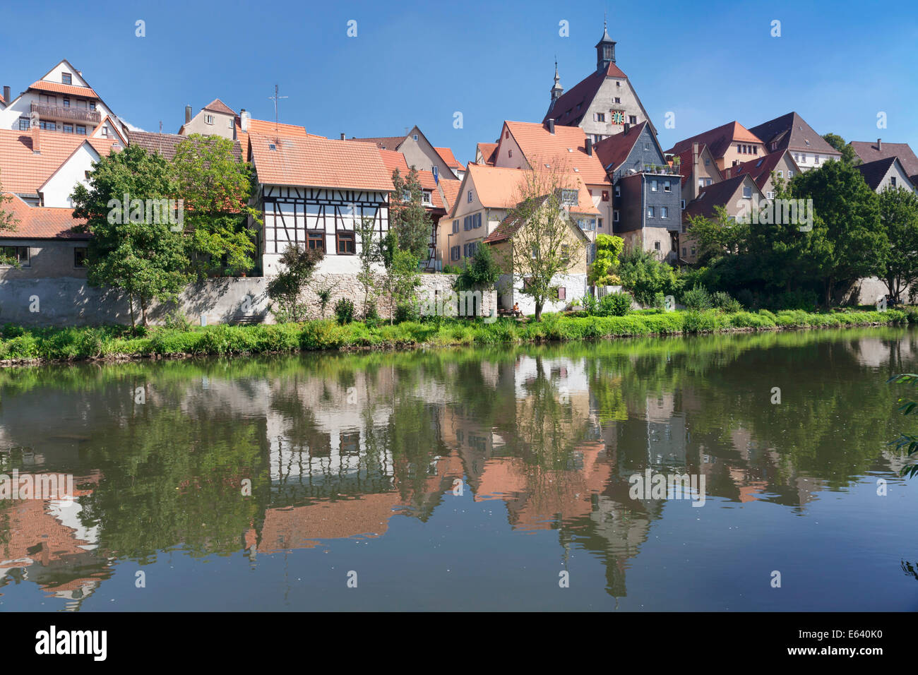 Historic centre with the Town Hall on the Enz River, Besigheim, Baden ...