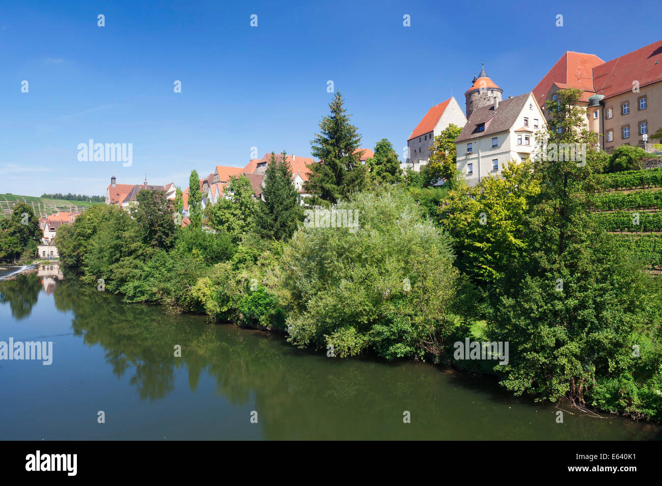 Historic centre with Schochemturm tower on the Enz River, Besigheim ...