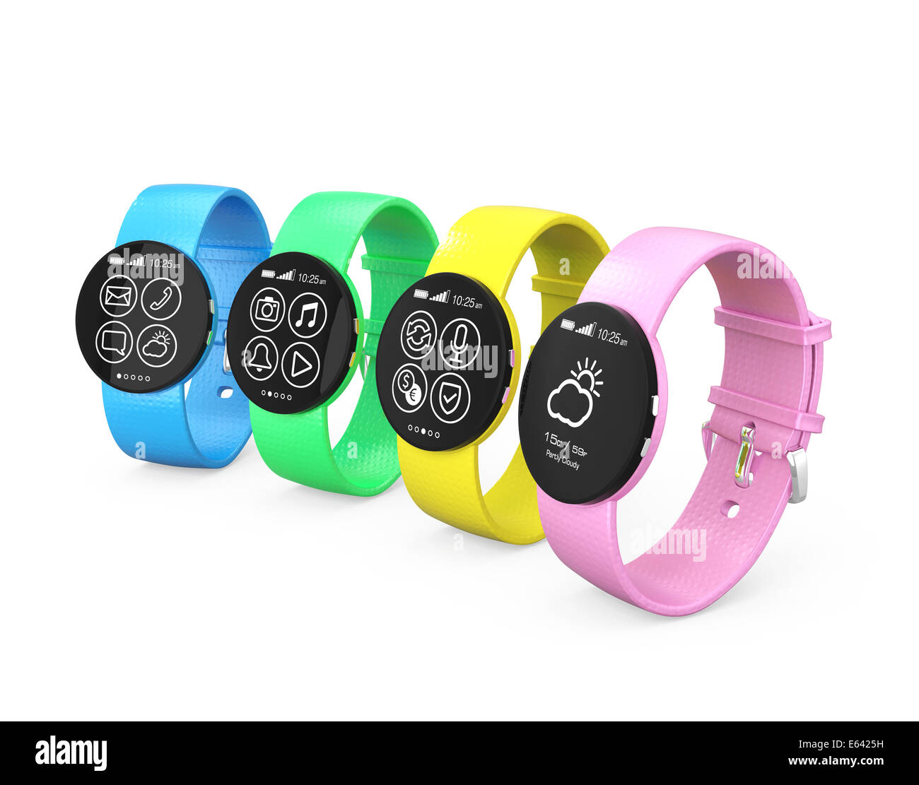 Colorful smart watches with flat design icons set Stock Photo - Alamy